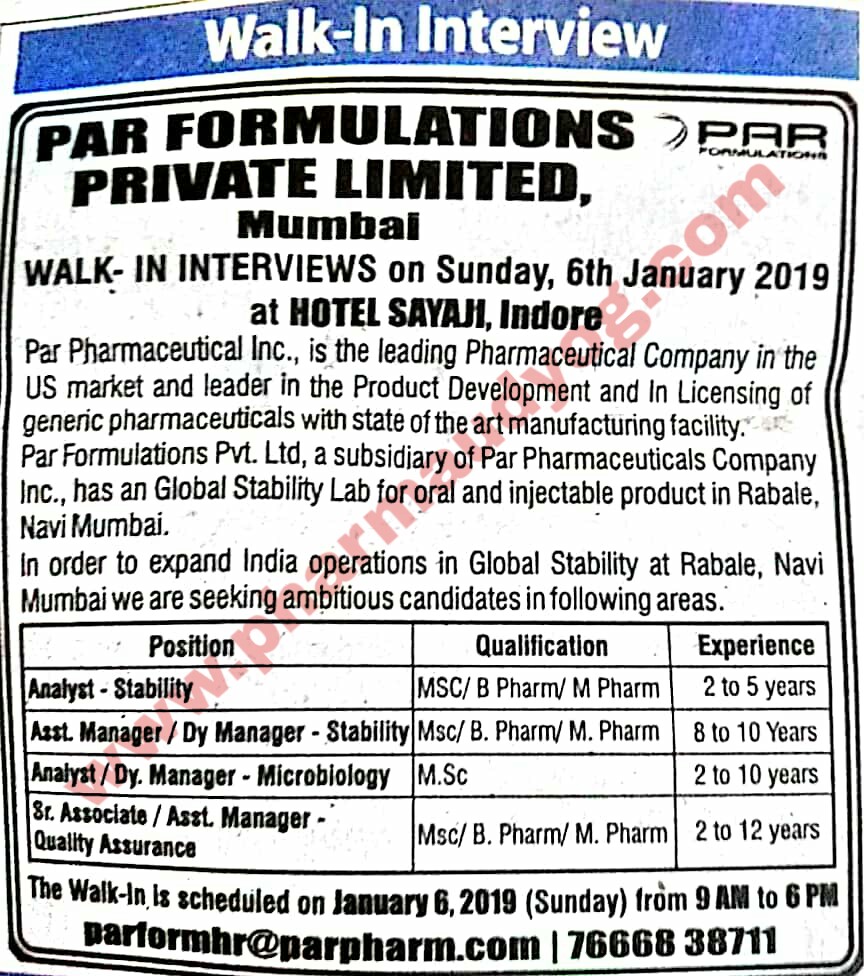 PAR Formulations | Walk-In for Multiple Roles | 6th Jan 2019 | Indore