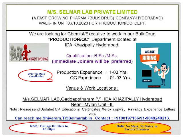Selmar Lab Pvt. Ltd - Walk-In Interviews for Production / QC ...