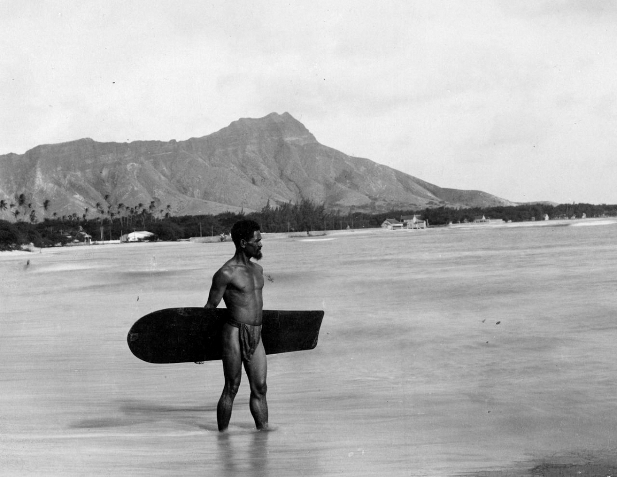 Native Hawaiian Surfer With Alaia Board at Waikiki Beach, Hawaii, ca ...