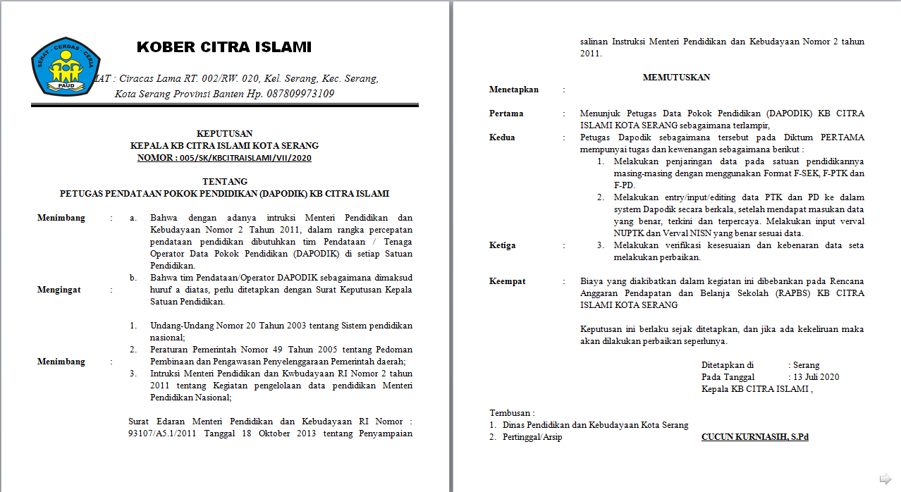 BELAJAR KURIKULUM 2013: SK OPERATOR SEKOLAH PAUD KB 2020 TERBARU
