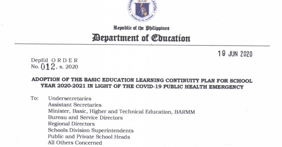 Adoption of the Basic Education Learning Continuity Plan for School ...