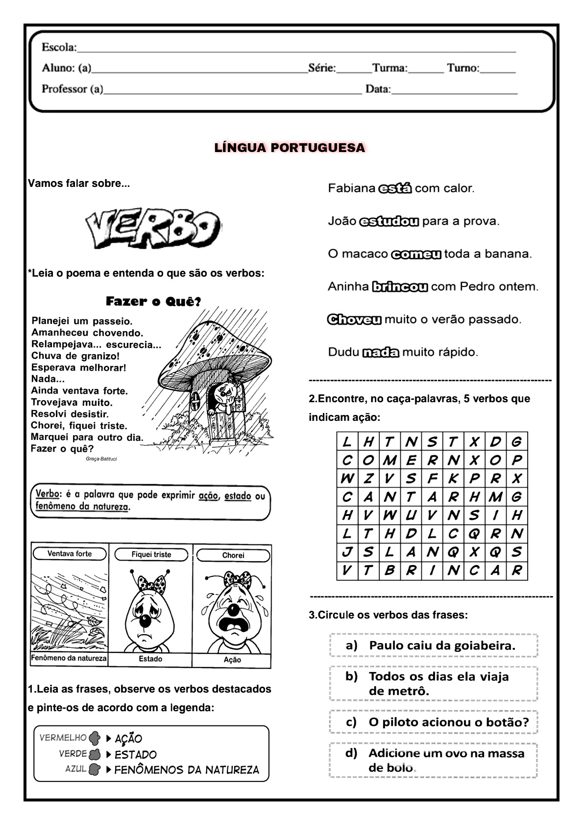 👍Língua Portuguesa: verbo Atividade de língua portuguesa para trabalhar ...