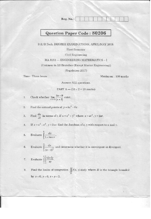 Anna University MA8151 Engineering Mathematics-I April /May 2019 ...