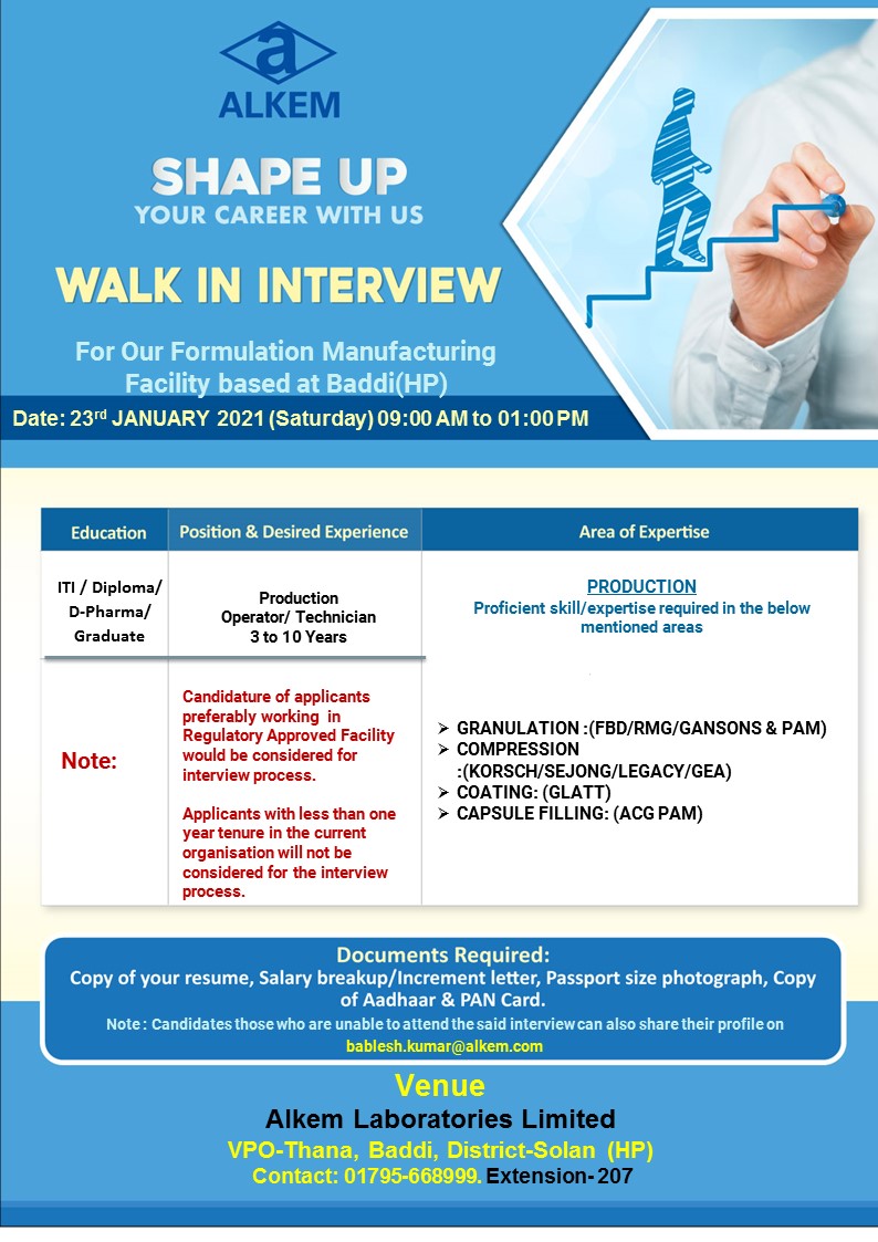 Alkem Laboratories Limited - Walk-In Interviews on 23rd Jan' 2021 ...