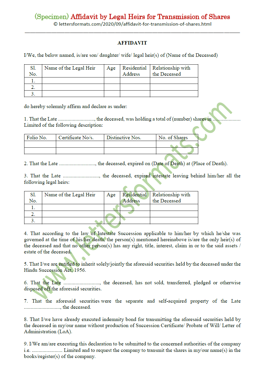 Affidavit By Legal Heirs For Transmission Of Shares Sample affidavit-by-legal-heirs-for-transmission-of-shares-sample