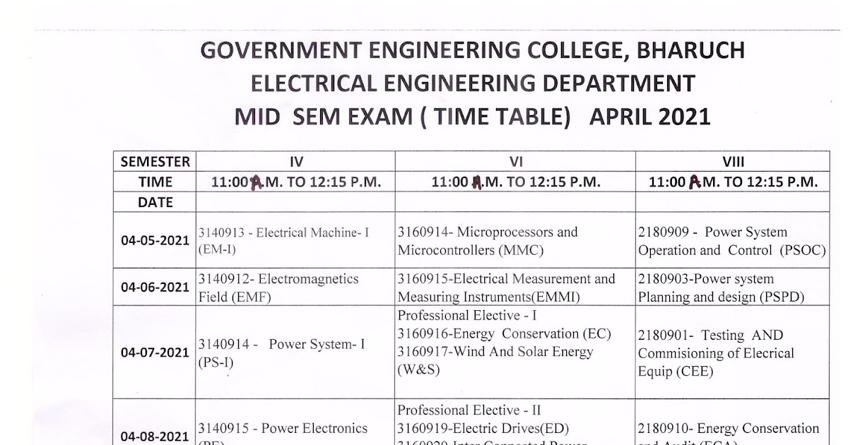ELECTRICAL DEPARTMENT NOTICE BOARD: MID_SEM_Exam _Time _Table _April ...