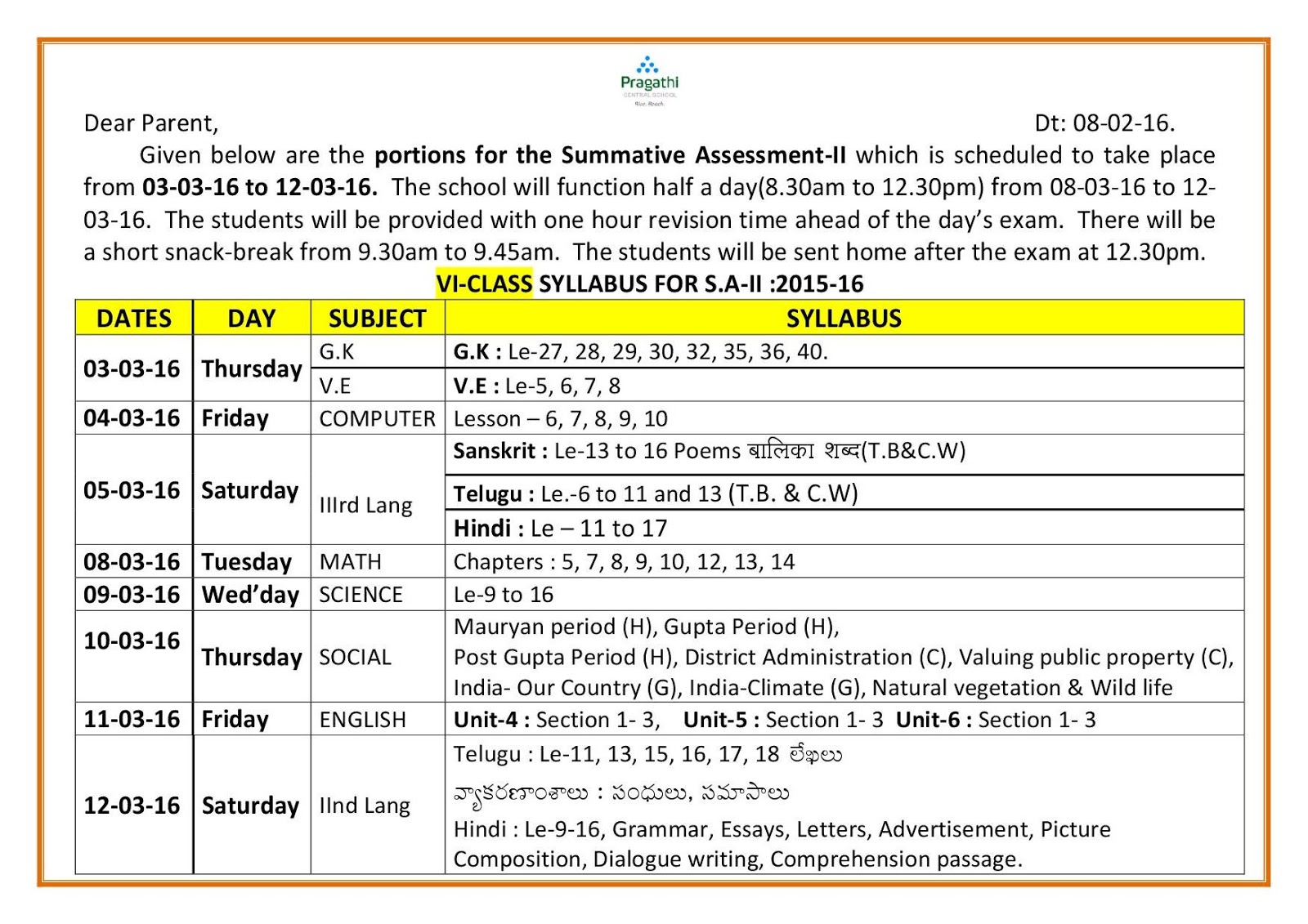 PRAGATHI CENTRAL SCHOOL: GRADE - 6 - TIME TABLE AND PORTION OF ...