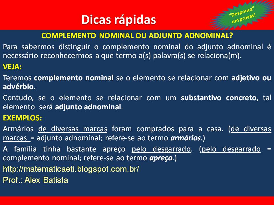 Matemática e TI: Diferenciar complemento nominal de adjunto adnominal