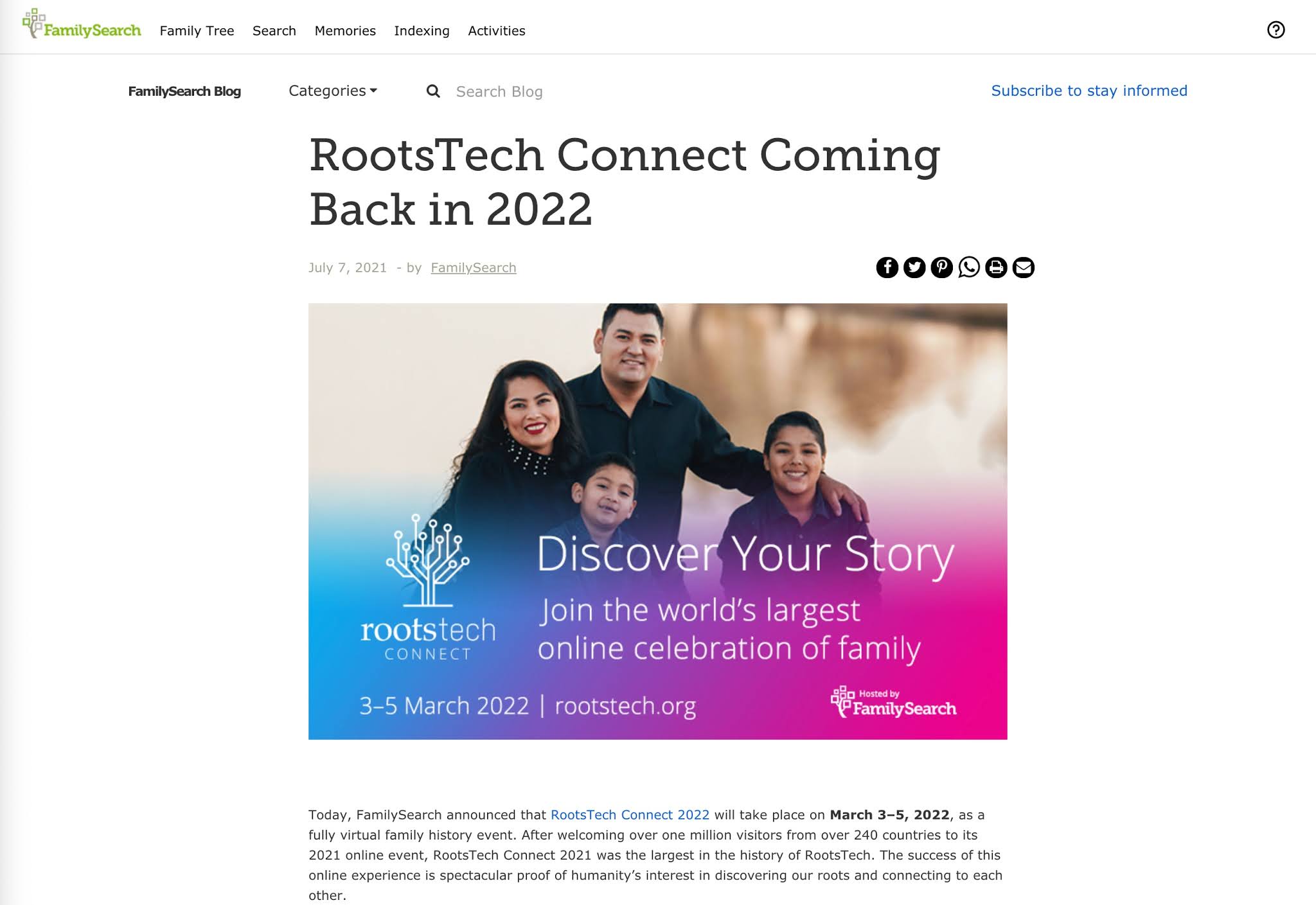 Genealogy's Star: RootsTech Connect to be online again in 2022