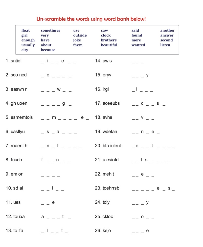 worksheets: Un-Scramble The Words worksheets: Un-Scramble The Words