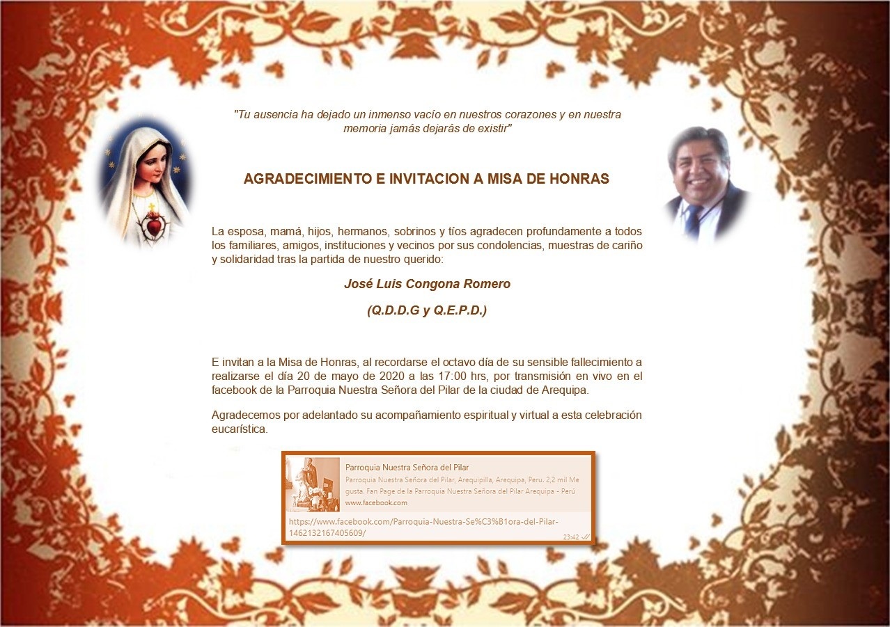 INVITACIÓN A MISA DE HONRAS DEL COMPAÑERO JOSÉ LUIS CONGONA, DE LA UGEL ...