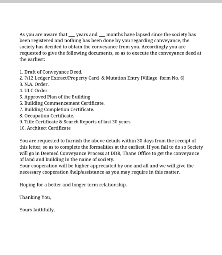 Format of notice to be sent to Builder for Deemed Conveyance