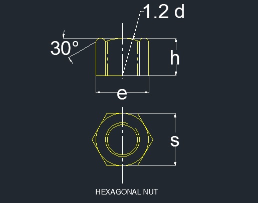 Hexagonal Bolts & Nut, Square Nut with proportions and its line diagrams.