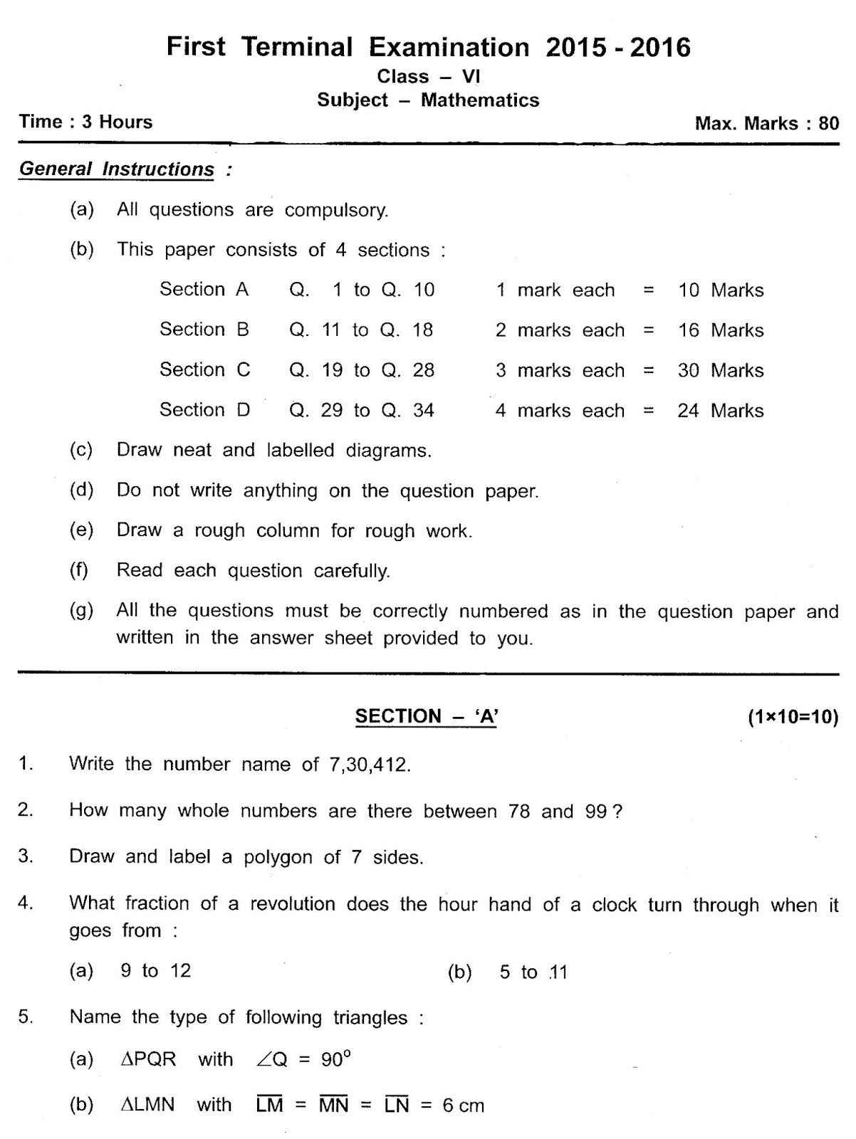 Class VI Mathematics AMITY INTERNATIONAL SCHOOL (PUSHP VIHAR) SA 1 ...