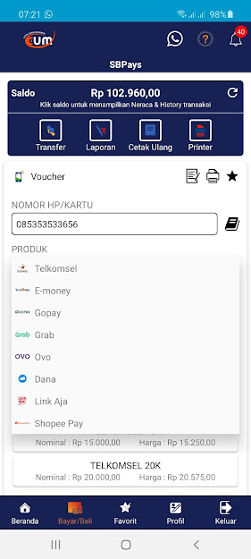 Topup Dana Grab OVO Shopeepay di Android - PPOB SBPAYS