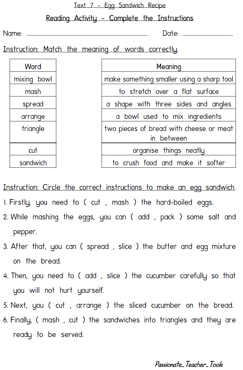 Passionate Teacher Tools: Text 7 - Egg Sandwich Recipe (With Suggested ...