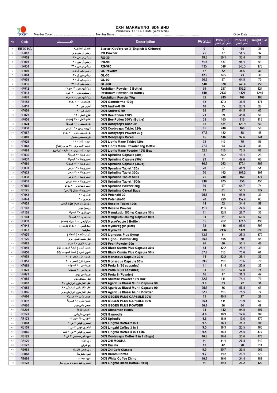 DXN Product Price List in Asia