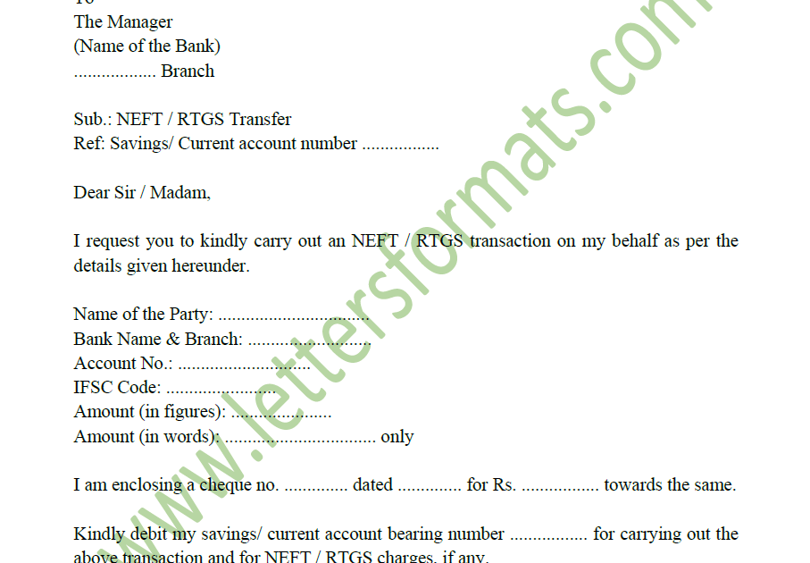 Request Letter format to Bank Manager for NEFT RTGS Transfer