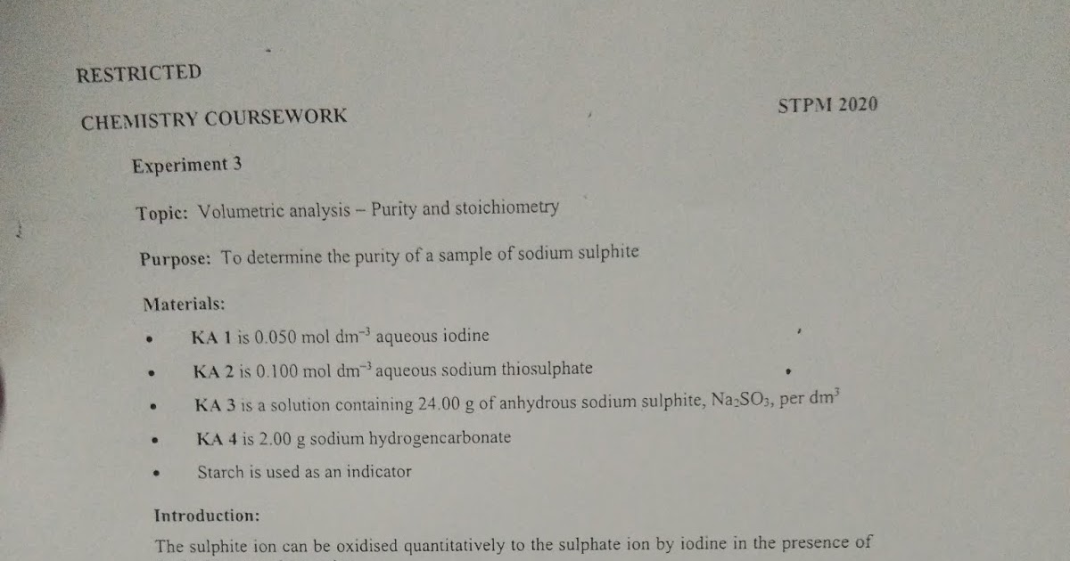 STPM Semester 1 Chemistry Experiment 3 : Volumetric Analysis - Purity ...