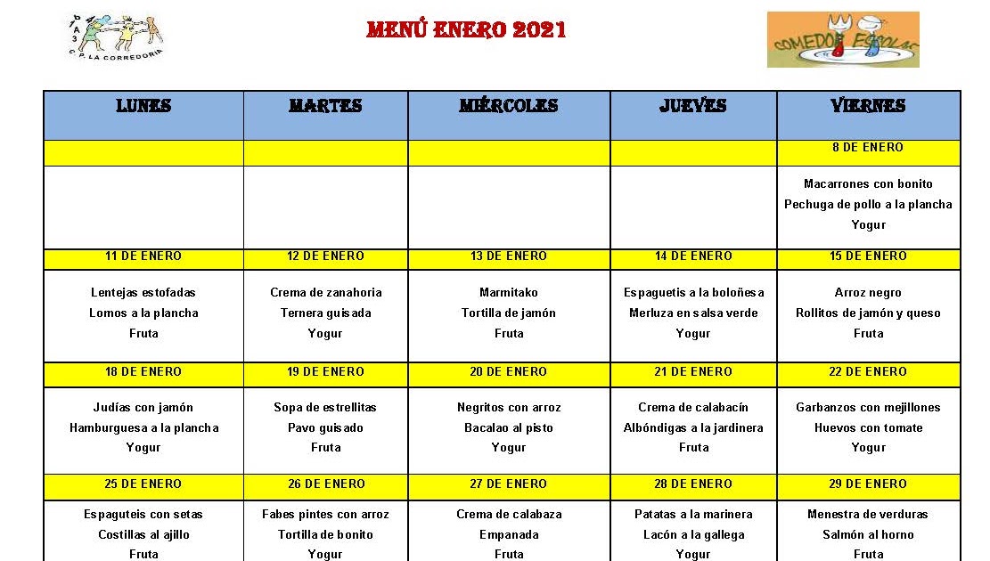Menú del comedor Enero 2021