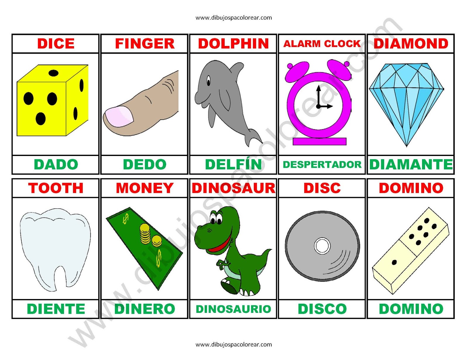 Memorama a color Español - Ingles de la letra D