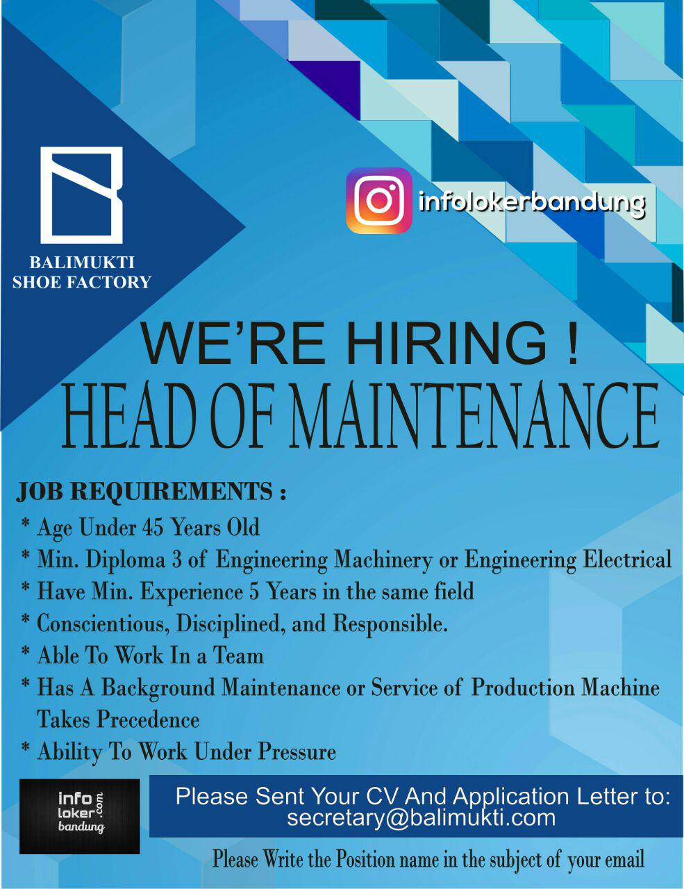 Lowongan Kerja Head Of Maintenance Bali Mukti Factory Shoe September ...