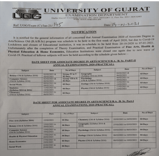 UOG Date Sheet BA BSc 2020 - All Pakistan Exam Results