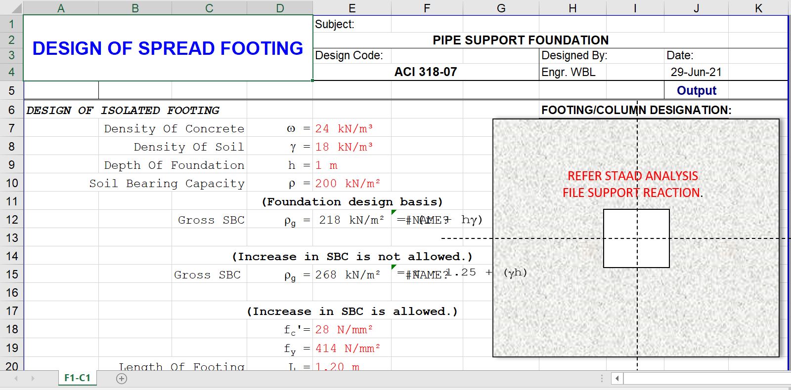 Design Of Spread Footing Excel Sheet - Engineering Books