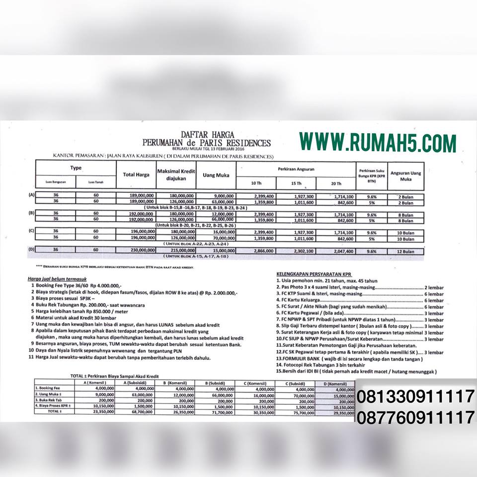 PRICE LIST ~ PERUMAHAN DE PARIS RESIDENCE