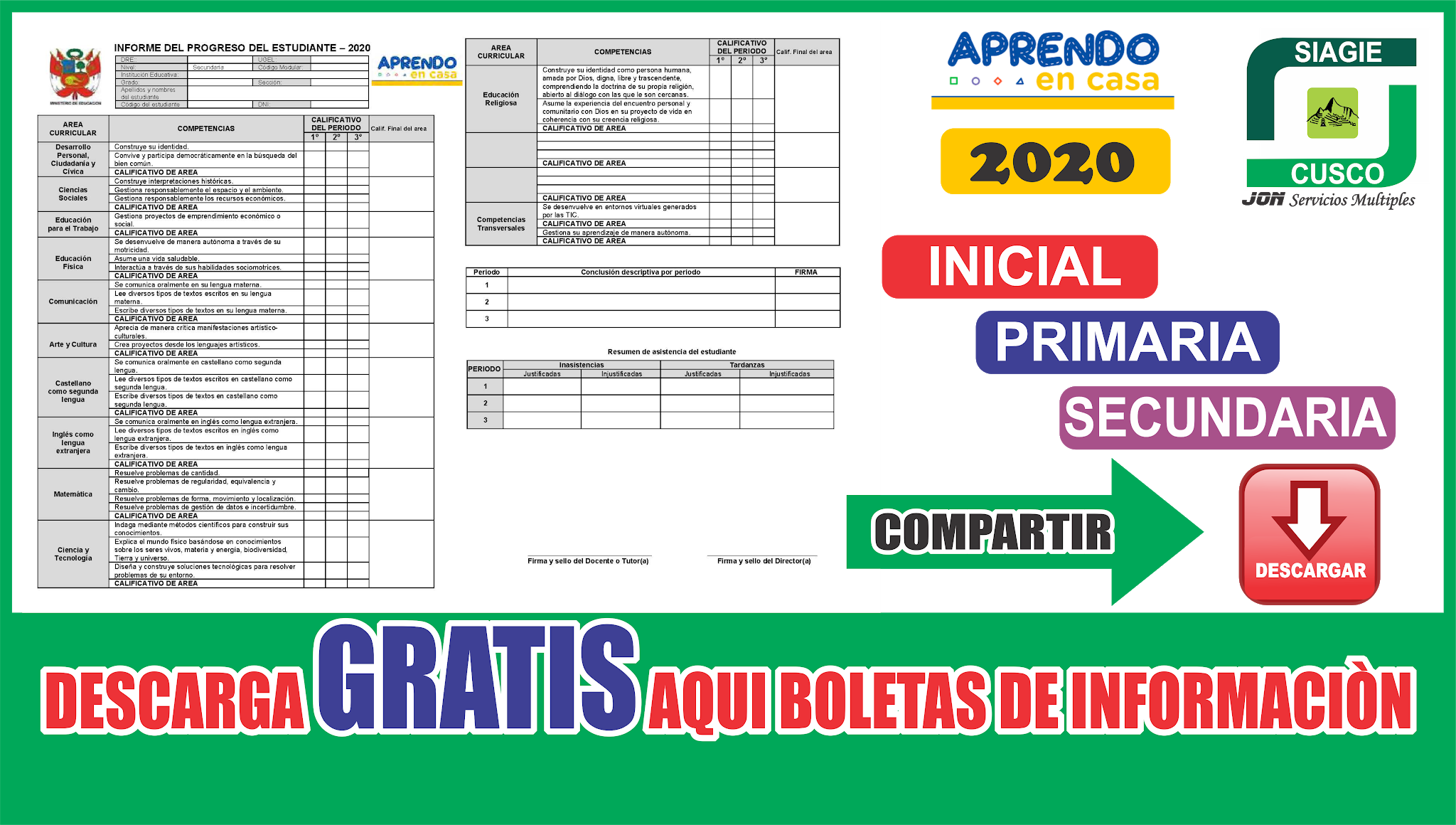 Boletas de Informaciòn 2020 - inicial, primaria y secundaria EDITABLE ...