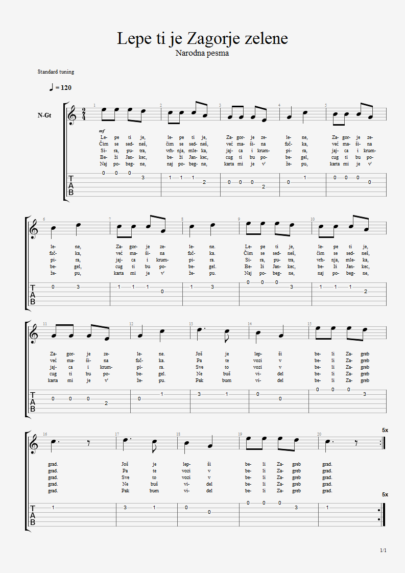 | AKUSTIČNA GITARA |: LEPE TI JE ZAGORJE ZELENE NOTE TABOVI