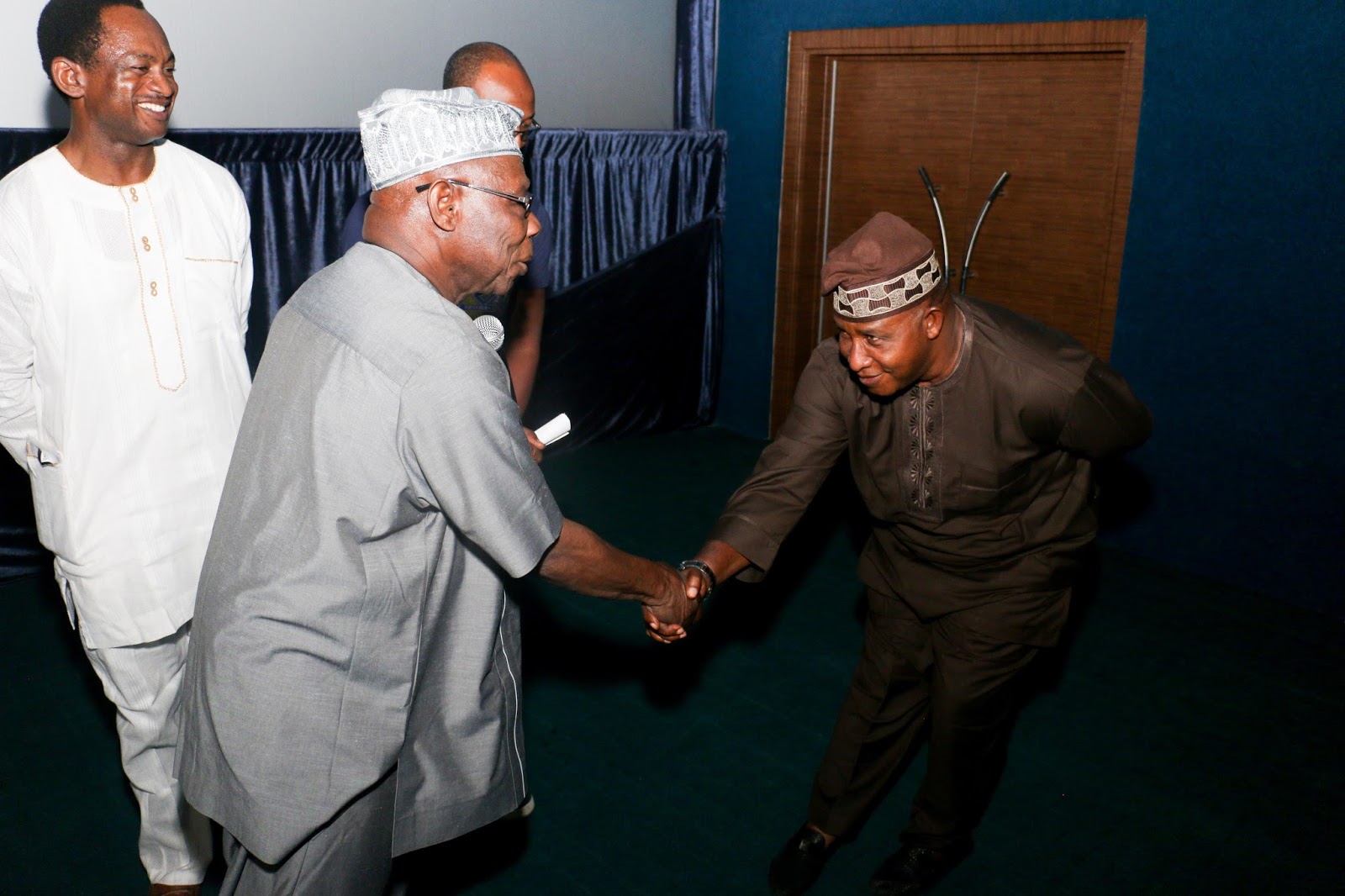 Tunde Kelani, Oga Bello, Chief Olusegun Obasanjo, Spiff at the official ...