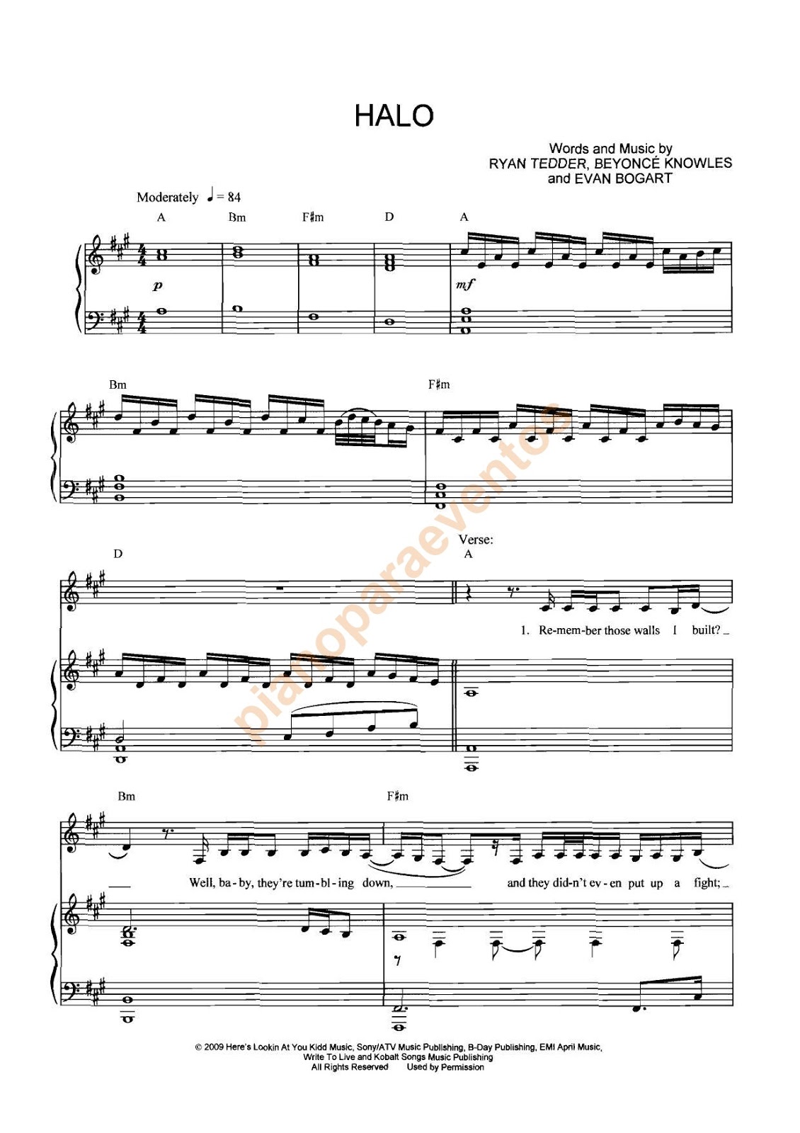 Partitura para piano gratis de Halo - Beyoncé - Partituras de piano ...