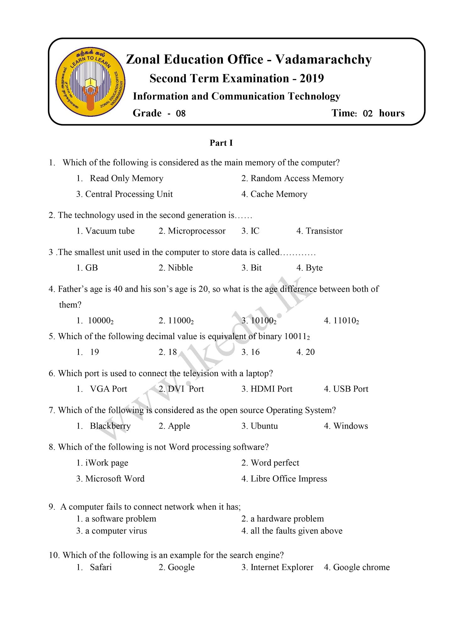 Grade 8 Information Communication Technology Zonal Education Office ...
