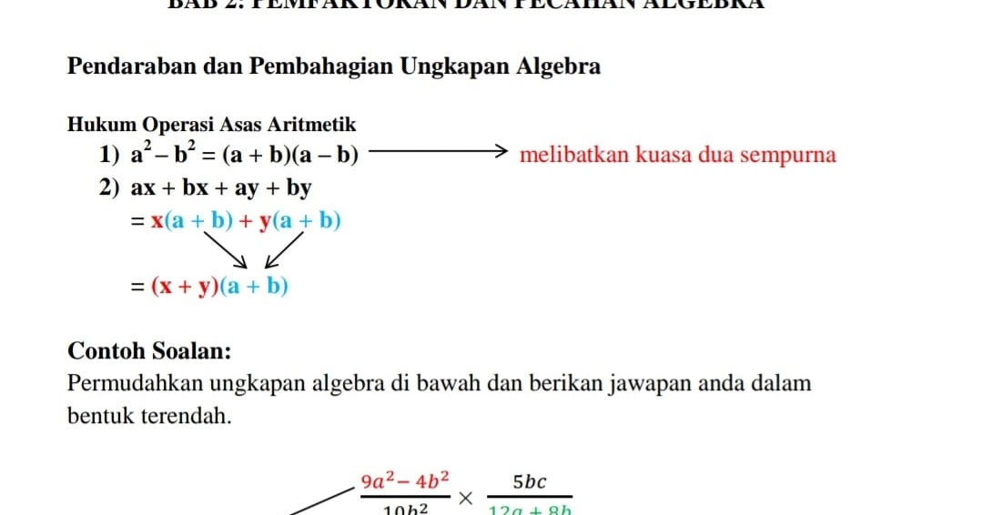 Matematik Tingkatan 2: Bab 2 : Pemfaktoran Dan Pecahan Algebra