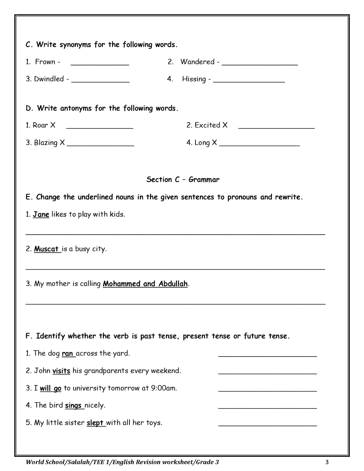 Birla World School Oman: Revision worksheet for Grade 3_24-12-2019