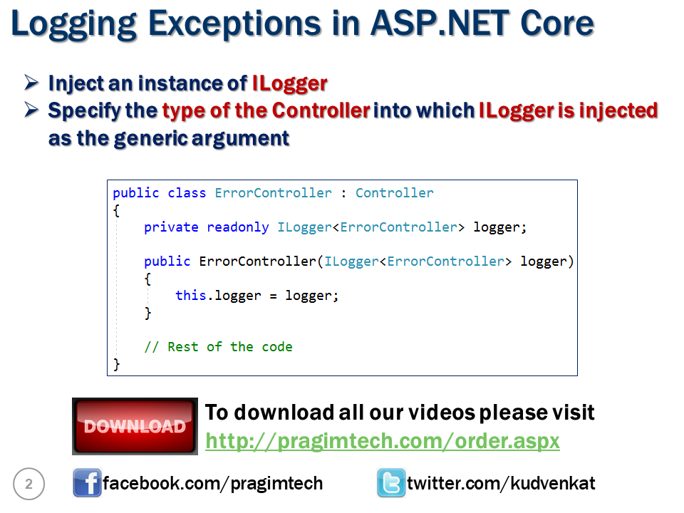 Sql Server Net And C Video Tutorial Logging Exceptions In Aspnet Core Slides