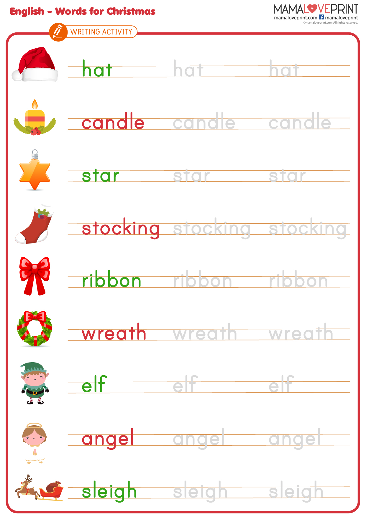 Mama Love Print 自製工作紙 - 聖誕節英文單詞 Words for Christmas 英文幼稚園工作紙 ...