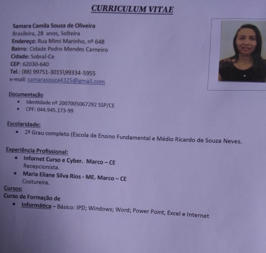 CURRÍCULO DE SAMARA CAMILA SOUZA DE OLIVEIRA ~ SOBRAL 24 HORAS