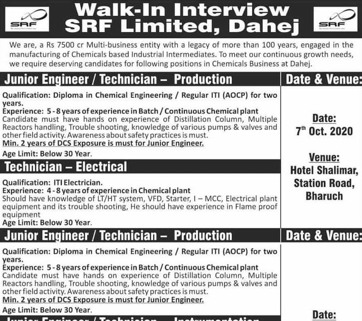 Srf Limited Dahej Gujarat Walk In Interview Permanent Job For Iti Diploma Bscmsc