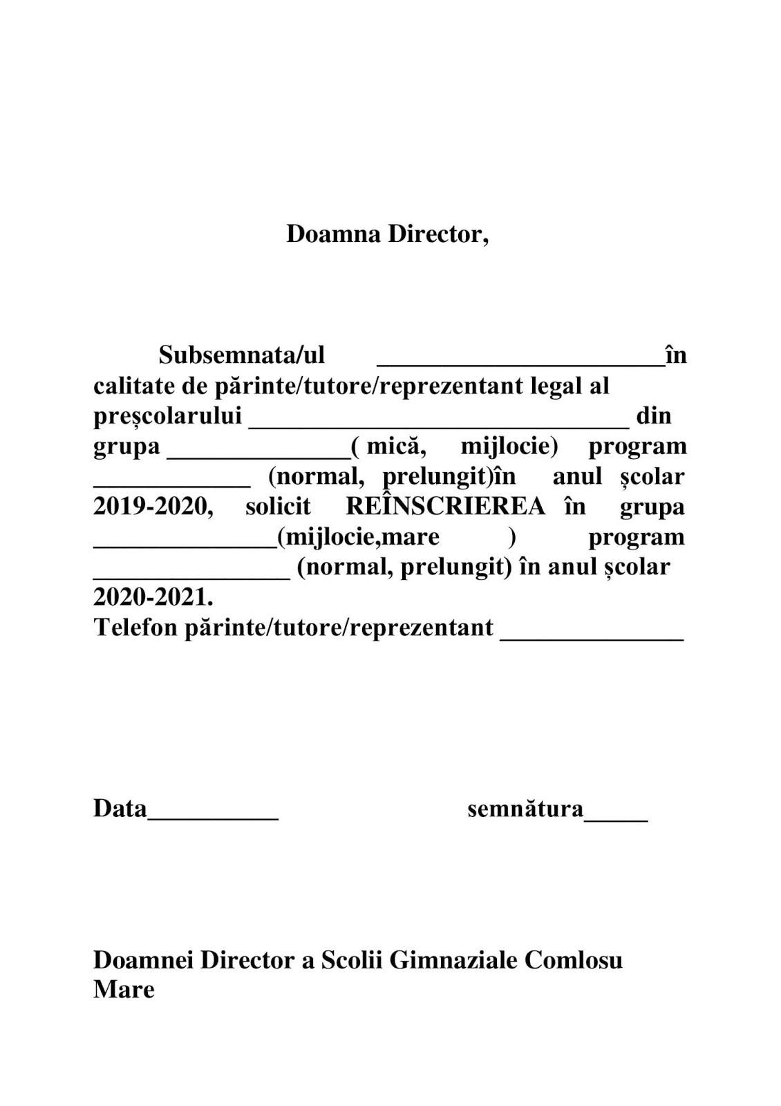Şcoala Gimnazială Comloşu Mare: CERERE DE REÎNSCRIERE