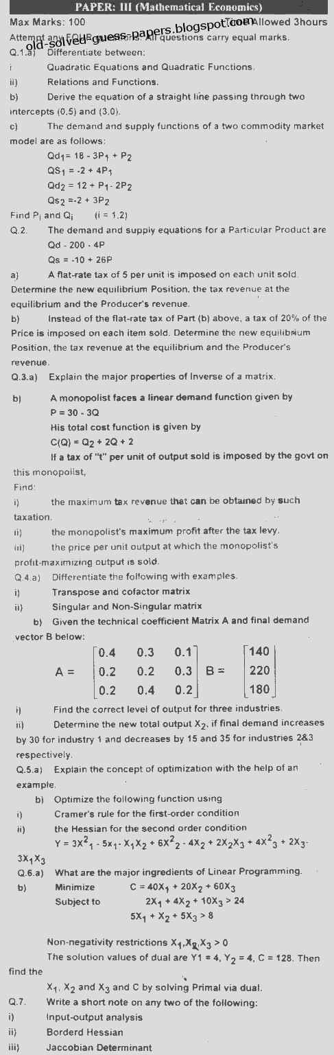 Mathematical Economics Paper Iii Old Solved And Guess Papers