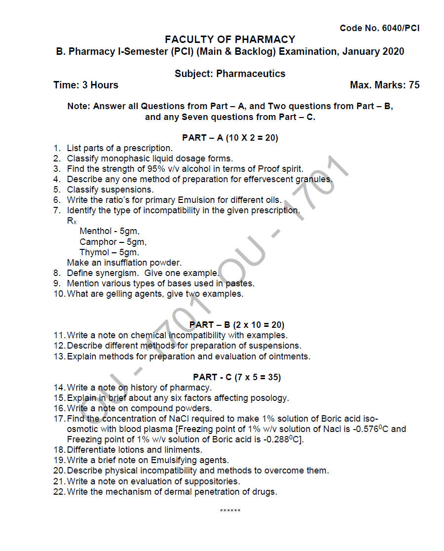 Osmania University B. Pharmacy I-Semester. (PCI) (Main & Backlog ...