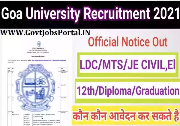 Goa University Vacancy 2021 / Govt Jobs for 62 Clerk, MTS and JE Posts