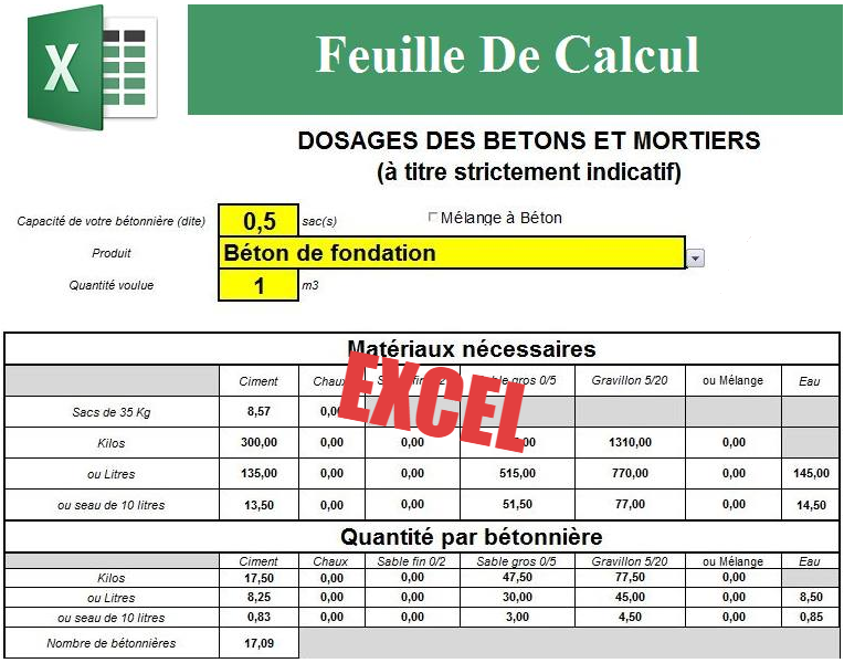 Excellente: " Feuille De Calcul Excel Dosage Des Bétons Et Mortiers " - Livres et Documents ...