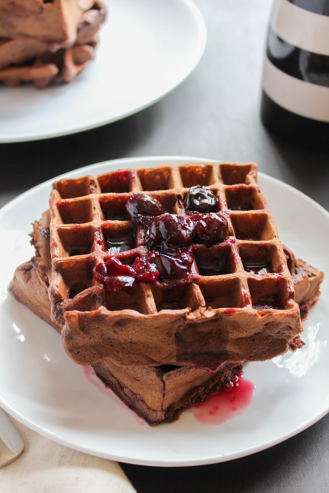 Dark Chocolate Waffles with Cherry Syrup #SundaySupper