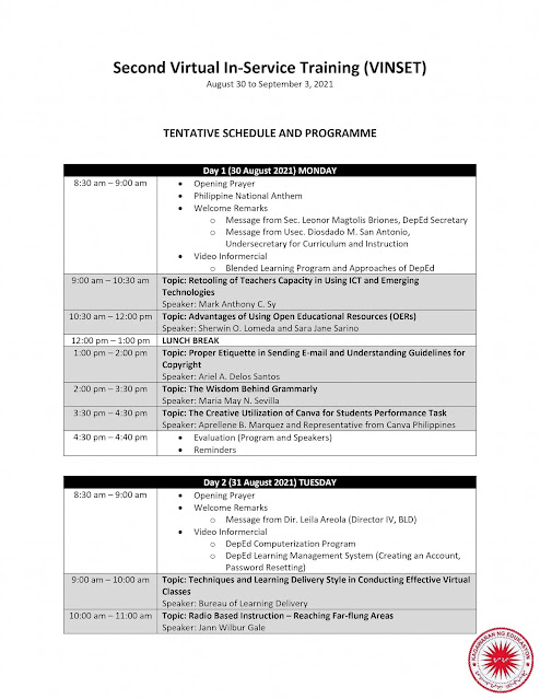 Tentative Schedule and Programme for the 2nd VINSET (Aug. 30 to Sept. 3 ...