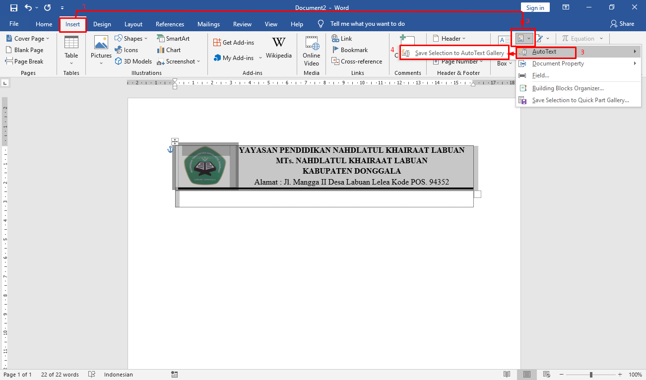 Fungsi Auto Text pada Microsoft Word 2016-2019