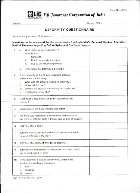 LIC Forms Download - LIC Deformity Questionnaire Form - LIC Branches In ...