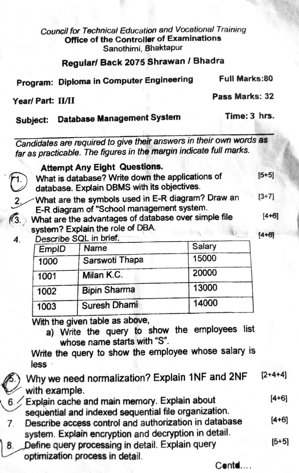 Database Management System | Question Papers CTEVT